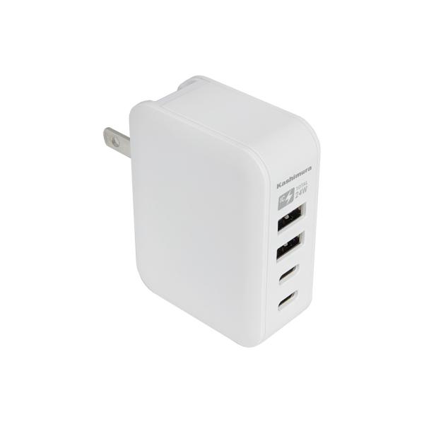 ●リバーシブルUSB-Aを2ポートとType-Cを2ポート搭載のAC充電器。●自動識別IC搭載でスマホにあわせて最適充電。●1ポート最大DC5V 2.4A / 4ポート合計　最大DC5V 4.8A（24W）出力。●折りたたみ式ACコンセント...