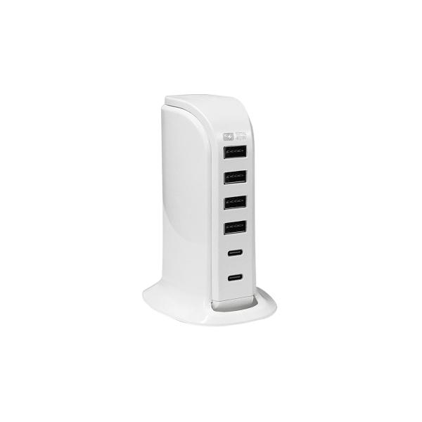 ●リバーシブルUSB-Aを4ポートとType-Cを2ポート搭載のAC充電器●USB機器を6台同時に充電可能●最大出力：USB-A各ポート2.4A、Type-C各ポート3A、6ポート合計8A●自動識別IC搭載。接続した端末を識別し、最適な電流...