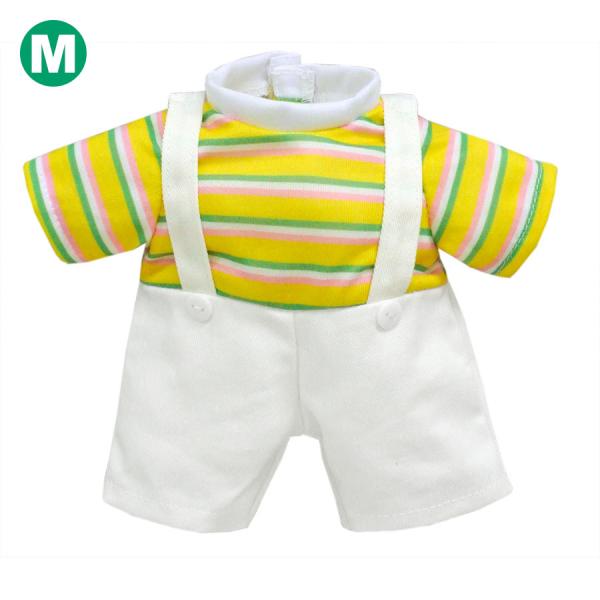 一枚でコーディネートが完成する、便利な重ね着風のオールインワンです。元気で爽やかなホワイト×イエローの組み合わせ♪背中側の上部がマジックテープで開閉できます。≪Bear Wear(ベアウェア)とは？≫株式会社かなるオリジナルのぬいぐるみ用お...