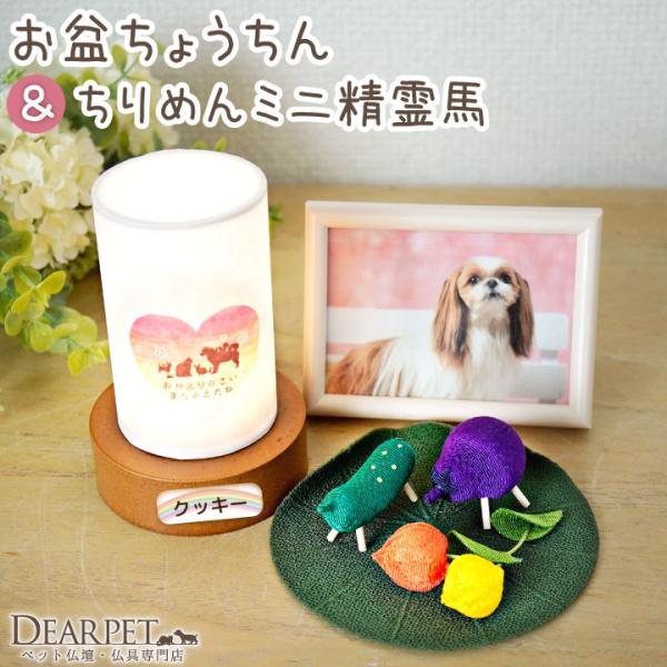 ペットちゃんのお盆お迎えに…国産のペット提灯と、精霊馬・ほおずき・蓮の葉っぱのかわいいお飾りのプチお盆セットです。明かりを灯しながら大事なペットちゃんを偲んで下さい。１．おかえり盆提灯種類：ハート柄／虹柄■国産（日本・岐阜製）サイズ：直径7...