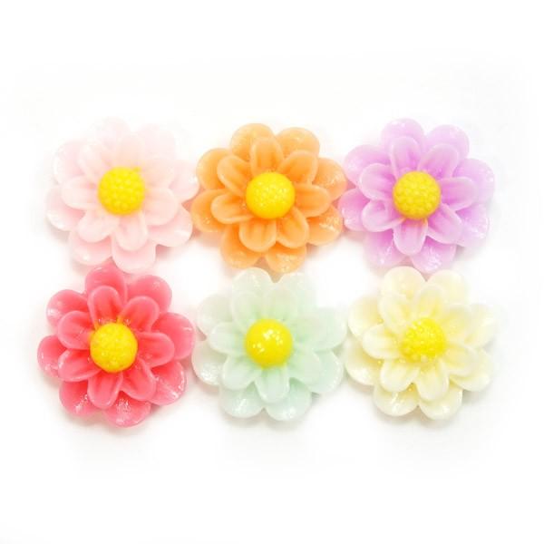 プラスチック素材のフラワーパーツです！いわゆるフラワーカボションです。花弁数が7と8で、2重になった花びらが特徴的♪カラーは6色です。1個ずつ入って、6個セットでの販売となります。【サイズ】直径: 約13mm, 高さ: 約4mm【素材】プラ...