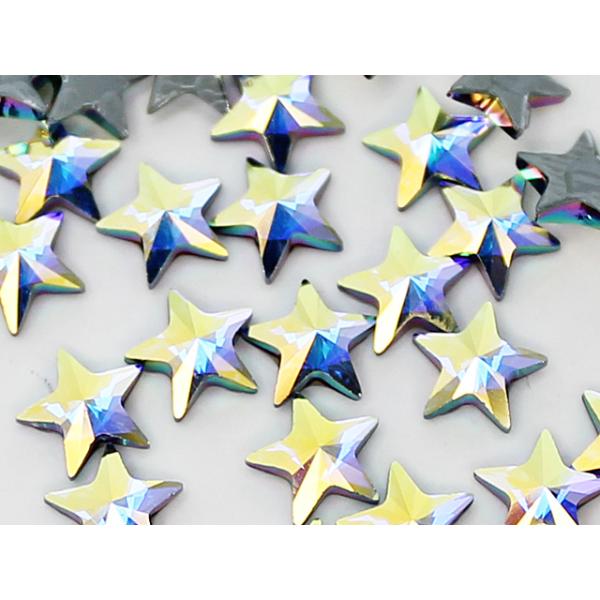 オーロラカラー。星型で約5×5mm 厚み1.5mmの大きさです。布製品などに使用する熱圧着用(Hotfix)。