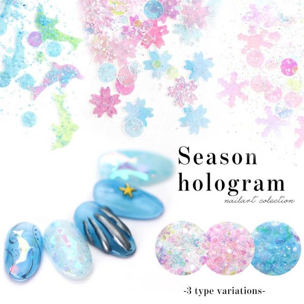 【特徴】イルカや桜、雪の結晶が入った季節のホロミックス〇゜「シーズンホログラム」が登場〇゜極薄だからジェルの埋め込みも楽々♪半透明のオーロラホログラムだからベースのカラーでいろいろな雰囲気になります！かさばらないパウチでお届け！ネイル以外に...