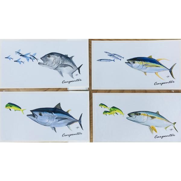 カーペンター　オリジナルステッカーsize：横210ｍｍ　ｘ　縦113ｍｍ　　Type：　『GT＆トビウオ』　　　『クロマグロ＆シイラ』　　　　　『キハダ＆サンマ』　　　『ヒラマサ＆シイラ』　　　　