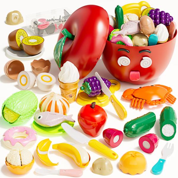 【爆買】【豪華74点おままごとセット】このおままごとセットには、リンゴ、ミカン、ブドウ、キウイ、バナナ、ジャガイモ、キュウリ、玉ねぎ、ハクサイ、ムラサキイモ、タマゴ、カニ、サカナ、アイスクリーム、ドーナツなど、さまざまな食材が含まれています...