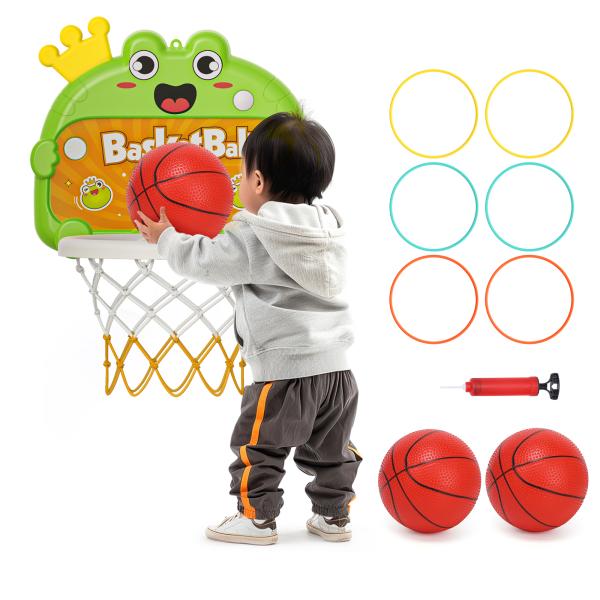 【爆買】型番：BJ003/BJ005 製品サイズ：35.7 x 33.2 x 7.9 CM 色：緑/黄 梱包重量：760G 製品リスト：バスケットボール本体1個、ボール2個、リング8個、ネット1個、吸盤2個、フック1個、空気入れ1個 オスス...