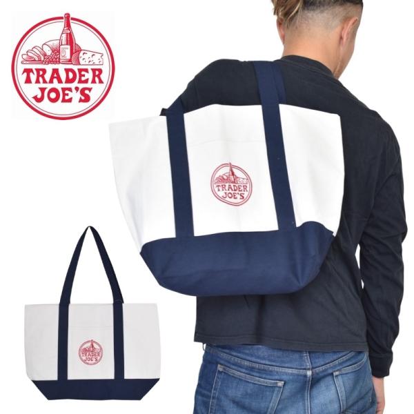 トレーダージョーズ　Trader Joe'sキャンバス エコトートバックサイズ：幅:約52cm×高さ:約28cm×マチ:約15cm　カラー:[NAVY] 店長が自らロサンゼルスにて買い付けしております。ＵＳＡ企画のため、縫製ミス、汚れがある...