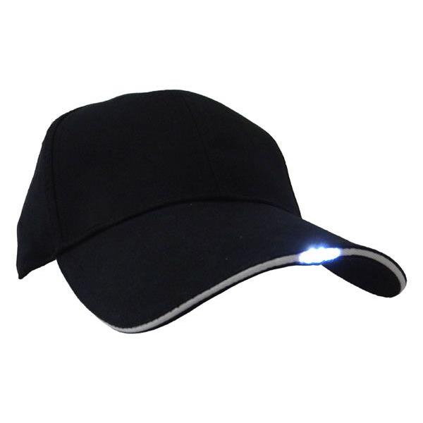 名入れオリジナル刺繍！LEDライト付キャップ　ブラック＆ホワイトつばの先端と内側下部分にLEDライトが付いたキャップです。夜釣りなどの夜間のアウトドアにおススメです。夜のウォーキング・ジョギングなどでライトを点灯させると自動車や自転車、歩行...