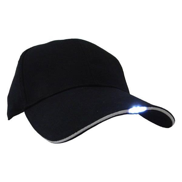 名入れオリジナル刺繍　金糸・銀糸　LEDライト付キャップ　ブラック＆ホワイトつばの先端と内側下部分にLEDライトが付いたキャップです。夜釣りなどの夜間のアウトドアにおススメです。夜のウォーキング・ジョギングなどでライトを点灯させると自動車や...