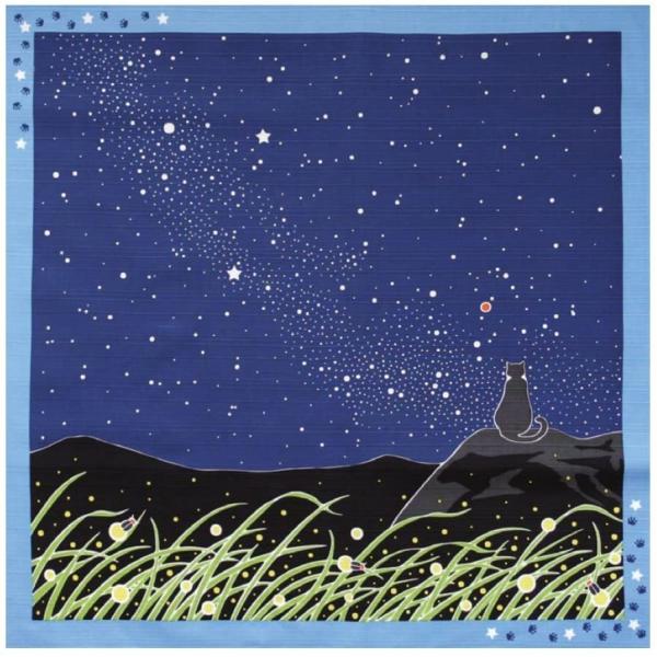 たまのお散歩 小風呂敷天の川 7月お昼寝とお散歩が大好きな猫のたま。四季折々の景色の中をのんびりお散歩中風呂敷生地としてスタンダードなシャンタン生地を、伝統ある型友禅の技法でプリントしています。綿100％タペストリーとしてだけでなく、スカー...