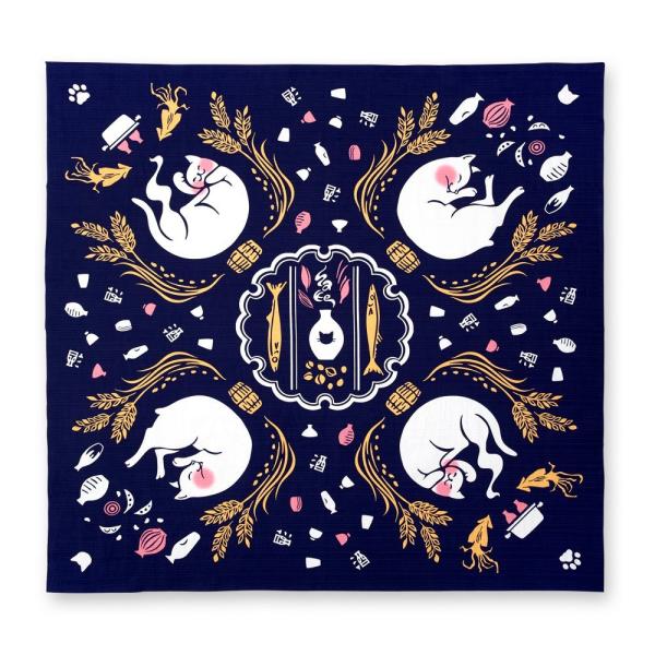 kenema大風呂敷酔い猫美味しいお酒とおつまみで、今日も一日お疲れ様。ほろ酔い猫と夜な夜な晩酌。酒は飲んでもほどほどに。二四巾（にしはば）と呼ばれる約90cm角の大風呂敷です。たくさん包めてカバンにも出来るサイズです。素材：綿100%日本...