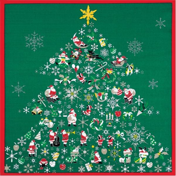 小ふろしき 彩時記 クリスマス農耕神の収穫祭やキリストの生誕を祝う行事です。大きなツリーに飾り付けをして、雪だるまも少しおめかしをしています。サイズ：中巾(50cm)　品質：綿100％（シャンタン生地）日本製