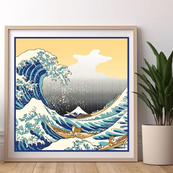 濱文様　小布 北斎　豆柴と大波小布サイズ：50x50cmタペストリーとして飾っても、小風呂敷としても、お弁当包みとしても利用できます（あすつくご希望の場合）必ず、宅配便をお選びください（送料がお選びいただけます）追跡番号付きポスト投函のメー...