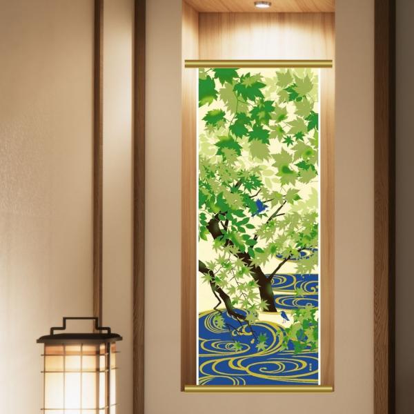 濱文様　絵手ぬぐい 春水紋様と春緑美しい水面と新緑で遊ぶルリ手拭い本来の製法のため、切りっ放しで両端処理はされていません。裁断位置によって寸法が前後する場合がございます。使い始めに出るほつれは切りそろえてください。捺染絵手ぬぐい日本の伝統的...