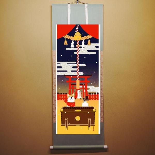 濱文様　絵手ぬぐい 豆柴の初詣神様に新年のごあいさつ豆柴たちのお願いごとは、、、？手拭い本来の製法のため、切りっ放しで両端処理はされていません。裁断位置によって寸法が前後する場合がございます。使い始めに出るほつれは切りそろえてください。捺染...