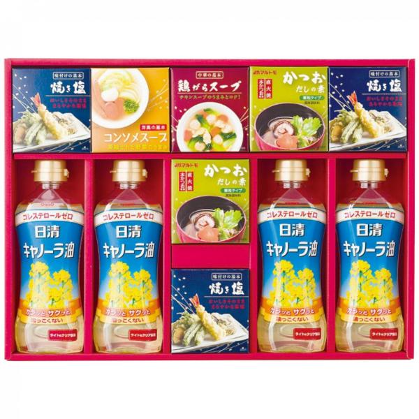 ※当店では、特別にご指示（備考欄等）がない場合には「内のし」にてご準備いたします。※ご自宅にお届けの場合、発送用段ボールは再利用させて頂いております。予めご了承ください。内容量：日清キャノーラ油350g×4本・マルトモかつおだしの素(4g×...