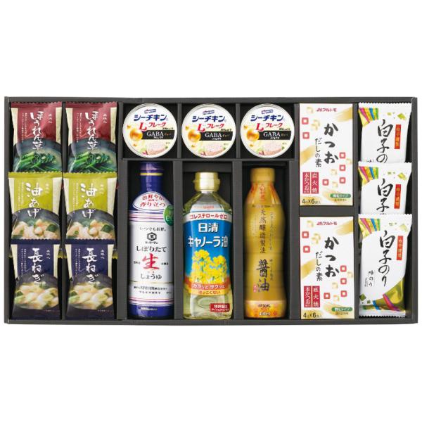 お湯を注ぐだけでできる本格的なフリーズドライお味噌汁に、和の食材、調味料をセット。商品内容フリーズドライ味噌汁(油あげ7.2g・ほうれん草6.2g・長ねぎ6.3g)・マルトモかつおだしの素(4g×6個)各2個・キッコーマンいつでも新鮮しぼり...