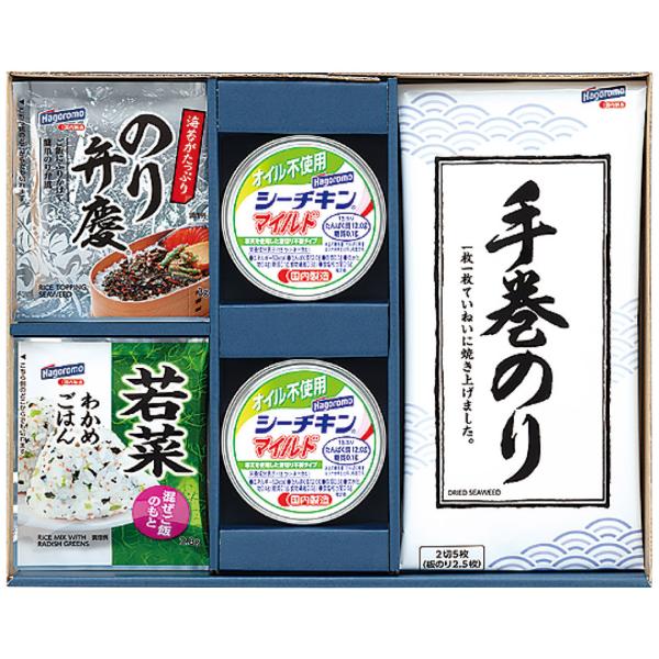 感謝の気持ちに「和」を詰めて。和食を彩る乾物と人気のシーチキンを詰合わせました。商品内容のり弁慶ふりかけ(3g×3袋)・わかめ混ぜご飯若菜(2.8g×3袋)・手巻のり(2切5枚1袋)・オイル不使用シーチキンマイルド70g×2缶箱サイズ：29...