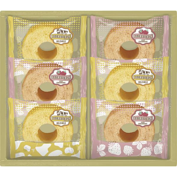 しっとりふわふわ食感のバームクーヘン。２種類の味を詰合せしました。商品内容バウムクーヘン（ミルク・あまおういちご）×各3商品サイズ：19×22×5.5cm箱入り重量：約0.35kg賞味期限（製造日より）：常温5ヶ月日※お取り寄せの場合、お届...