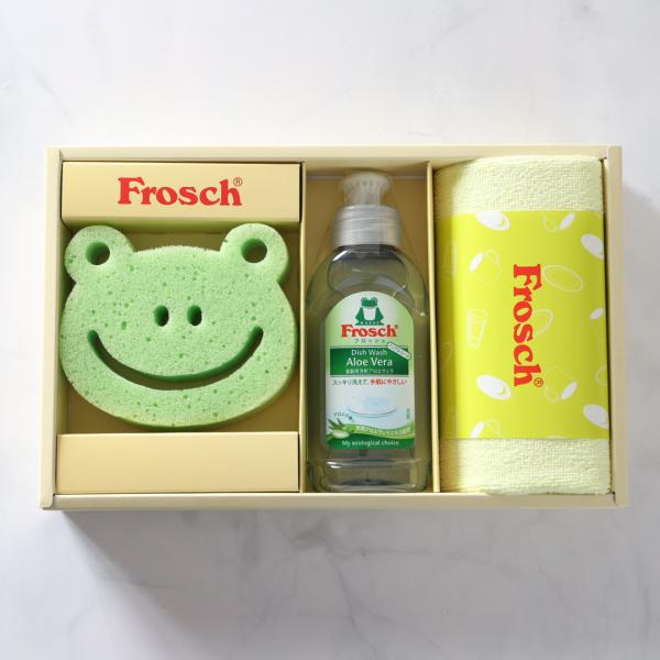 商品名：フロッシュ　キッチン洗剤　ギフトセット型　番：FRS-K15●商品内容：フロッシュミニ（アロエヴェラ）100ml×1、スポンジ×1、マイクロファイバークロス（25×25cm）●材質：綿100％・中国製（スポンジ）、オーストリア製（フ...