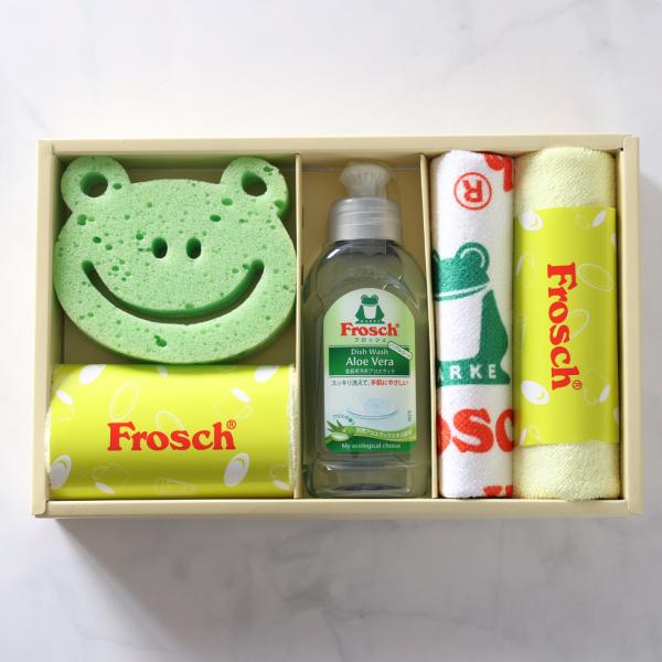 商品名：フロッシュ　キッチン洗剤　ギフトセット型　番：FRS-K20●商品内容：フロッシュミニ（アロエヴェラ）100ml×1、スポンジ×1、マイクロファイバークロス（25×25cm）×3●材質：綿100％、マイクロファイバークロス／ポリエス...
