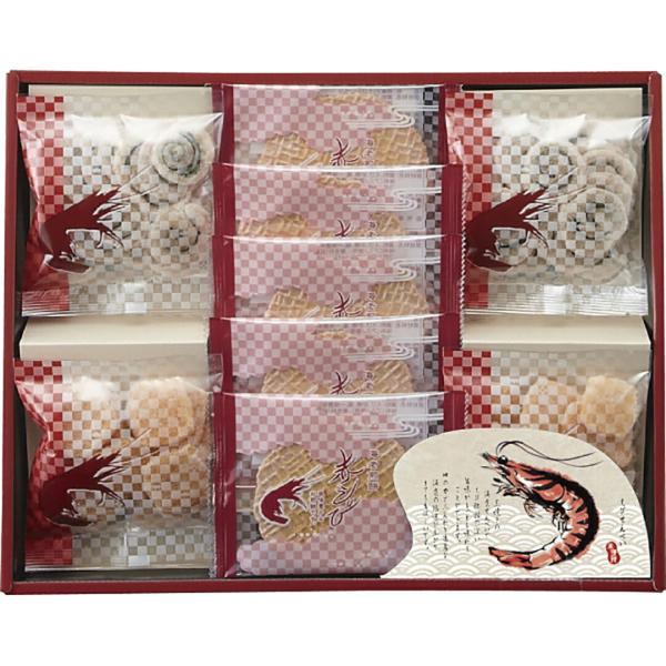 内容量：●赤えびせんべい（１枚）×５、えびせん（うず巻）１０ｇ×２、えびせん（えび松風）１０ｇ×２賞味期間(製造日より)：360日箱サイズ：約33×26.5×4.3cm箱重量：270g※当店では、特別にご指示（備考欄等）がない場合には「内の...