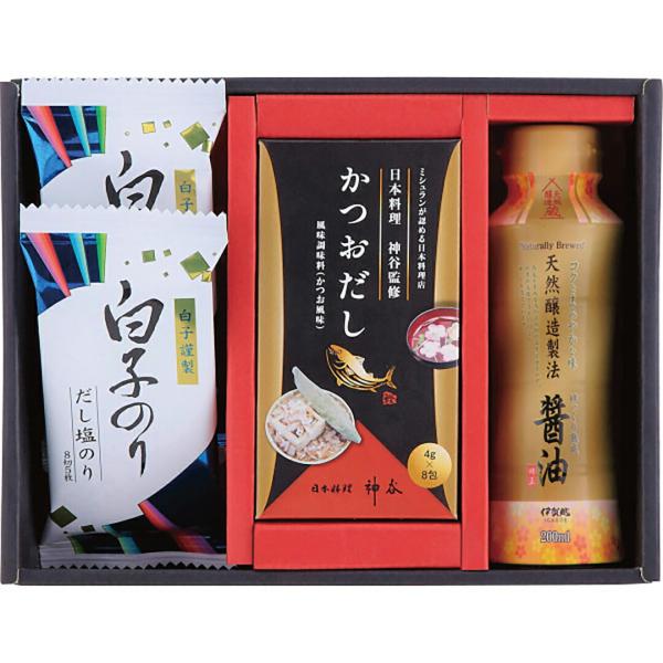 内容量：●かつおだし（４ｇ×８袋）×１、伊賀越天然醸造醤油２００ｍｌ×１、白子だし塩のり（８切５枚）×２賞味期間(製造日より)：360日箱サイズ：約24×19×7.5cm箱重量：570g※当店では、特別にご指示（備考欄等）がない場合には「内...
