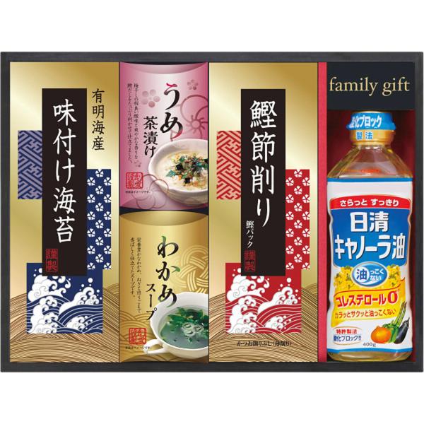 揚げ物がカラッとサクッと美味しく仕上がるキャノーラ油と和食のお供のセットです。商品内容●有明海産味付け海苔（３切４枚）・うめ茶漬け（４．３┣ｇ┫×２）・わかめスープ（５．３┣ｇ┫×２・粉末）・鰹節削り（２┣ｇ┫×４）・日清キャノーラ油４００...