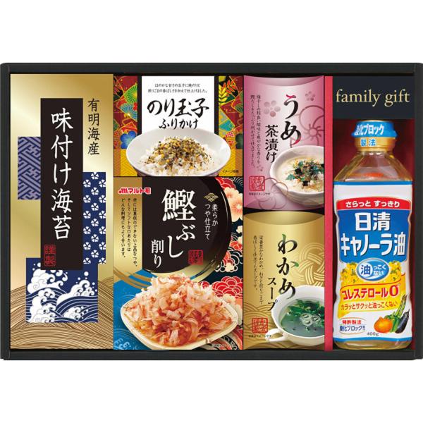 揚げ物がカラッとサクッと美味しく仕上がるキャノーラ油と和食のお供のセットです。商品内容●有明海産味付海苔（３切４枚）・のり玉子ふりかけ（４．５┣ｇ┫×２）・鰹節削り（２┣ｇ┫×４）・うめ茶漬け（４．３┣ｇ┫×２）・わかめスープ（５．３┣ｇ┫...