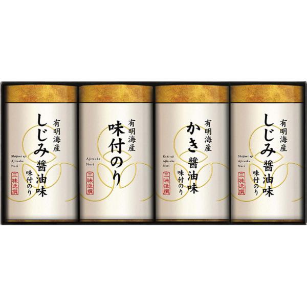 有明海産の風味豊かな味付海苔としじみ醤油味、かき醤油で仕上げた味付海苔の３種類の味わいを楽しめるバラエティギフトです。商品内容●味付のりかき醤油味（８切１６枚）・味付のり（８切１６枚）×各１、味付のりしじみ醤油味（８切１６枚）×２　※すべて...