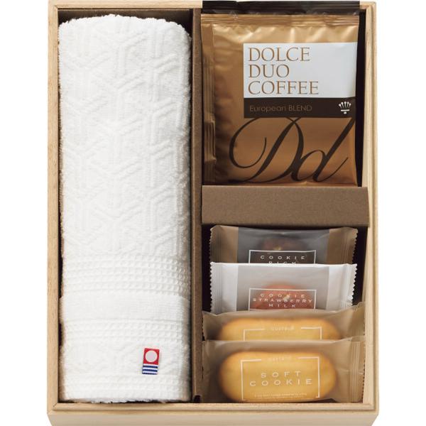 やさしい口あたりと、やさしい肌ざわり。人気のスイーツと今治タオルをセットで。商品内容●今治産フェイスタオル（約３４×７５ｃｍ・綿１００％・日本製）１枚・ソフトクッキー×２・クッキー（いちごミルク×１・ココア×１）・ドリップコーヒー×２サイズ...