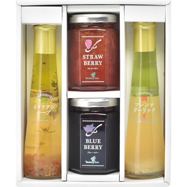 果実本来の果肉感、味、香りを生かしたジャムと素材の持ち味を大切に仕上げたドレッシングの詰合せです。商品内容●ジャム（ストロベリー・ブルーベリー）各１４５ｇ×１、ドレッシング（イタリアンハーブ・フレンチガーリック）各１２２ｍｌ×１サイズ：19...