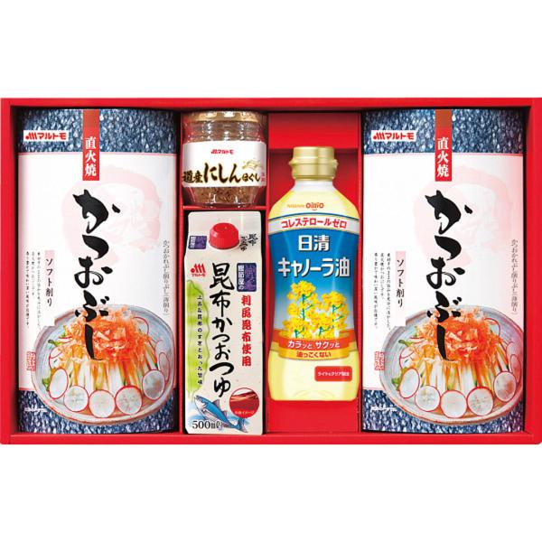 バラエティに詰め合わせした調味料ギフトセットです。商品内容●直火焼ソフトパック（２．５ｇ×７）×２、日清キャノーラ油３５０ｇ・昆布かつおつゆ５００ｍｌ・北海道産にしんほぐし５０ｇ×各１サイズ：43×27.7×8.3cm重量：約1.8kg型番...