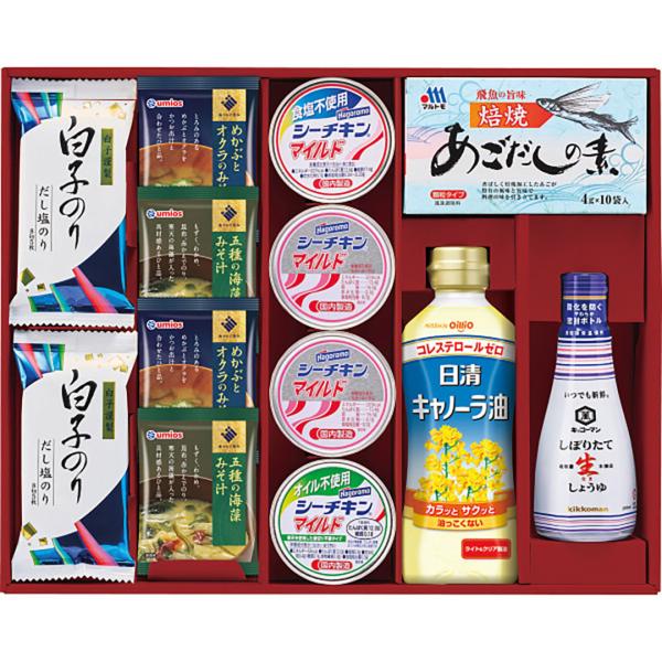 お客様の声から生まれた百味彩和膳。もらって嬉しいものばかりを集めた食品バラエティギフト。シーチキンをはじめ、しっかり具だくさんのお味噌汁・海からのめぐみ、キッコーマンしぼりたて生しょうゆや、日清キャノーラ油、あごだしの素など食卓で重宝するも...