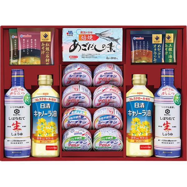 お客様の声から生まれた百味彩和膳。もらって嬉しいものばかりを集めた食品バラエティギフト。シーチキンをはじめ、しっかり具だくさんのお味噌汁・海からのめぐみ、キッコーマンしぼりたて生しょうゆや、日清キャノーラ油、あごだしの素など食卓で重宝するも...