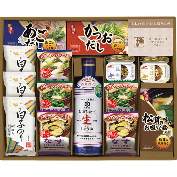 ご家庭で重宝するバラエティ豊かな食品ギフトセット。返礼品などのフォーマルギフトとして定番の調味料バラエティギフトセット。毎日の食卓で重宝する食品を詰め合わせました。商品内容●キッコーマンいつでも新鮮しぼりたて生しょうゆ４５０ｍｌ、白子のり味...