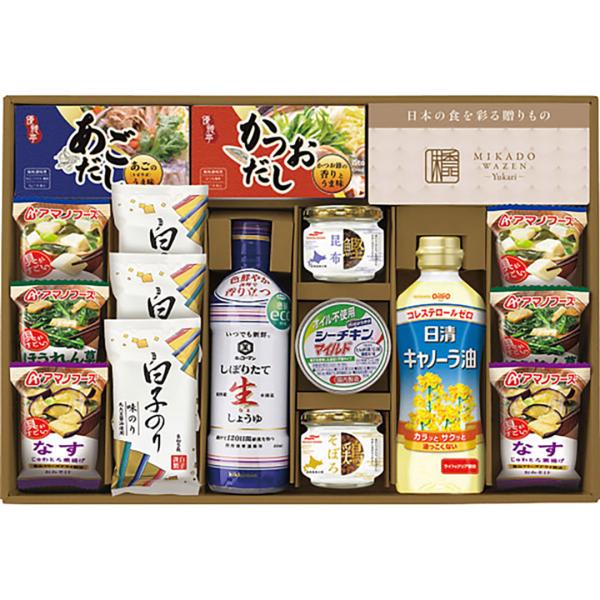 ご家庭で重宝するバラエティ豊かな食品ギフトセット。返礼品などのフォーマルギフトとして定番の調味料バラエティギフトセット。毎日の食卓で重宝する食品を詰め合わせました。商品内容●キッコーマンいつでも新鮮しぼりたて生しょうゆ４５０ｍｌ、白子のり味...