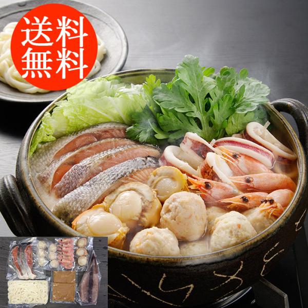商品名：北海道 石狩鍋型 番：0080291●商品内容：秋鮭切身40g×3切、ボイル海老×6尾、ボイル帆立×3個、かに入つみれ×3個、えび入つみれ3個、ツボ抜きいか100g×1尾、冷凍うどん250g×1玉、たれ（濃縮：味噌仕立て）50g×2...