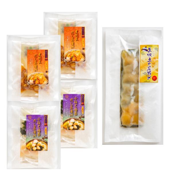 甘みのある国産の帆立貝柱をたっぷりの昆布をぜいたくに使ってうま味豊かな昆布〆にしています。また、甘辛の煮だれでふっくら煮上げた煮帆立のだし茶漬けと、ぷりっとした食感と甘みが魅力の小柱は塩糀に漬け込んでうま味を引き出し、磯の香り豊かな青さ海苔...