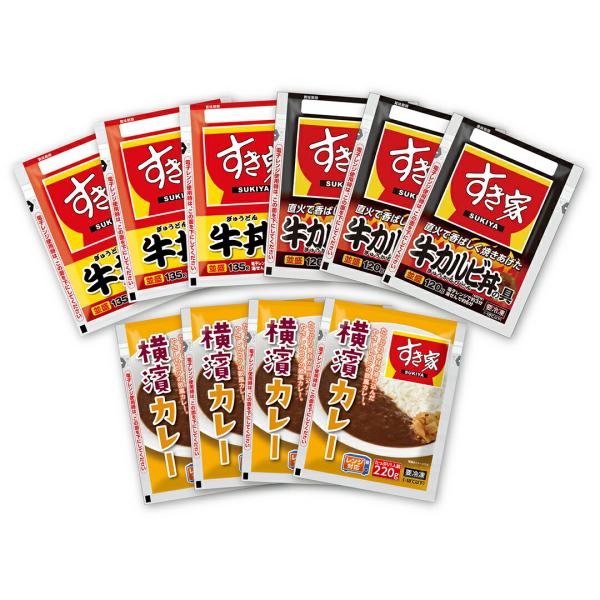 「すき家」人気定番メニュー3種のセット。電子レンジか湯せんの簡単調理です。商品内容牛丼の具135g×3、牛カルビ丼の具120g×3、横濱カレー220g×4商品サイズ：約283×191×99型番：5204615温度帯：冷凍賞味期限（製造日より...