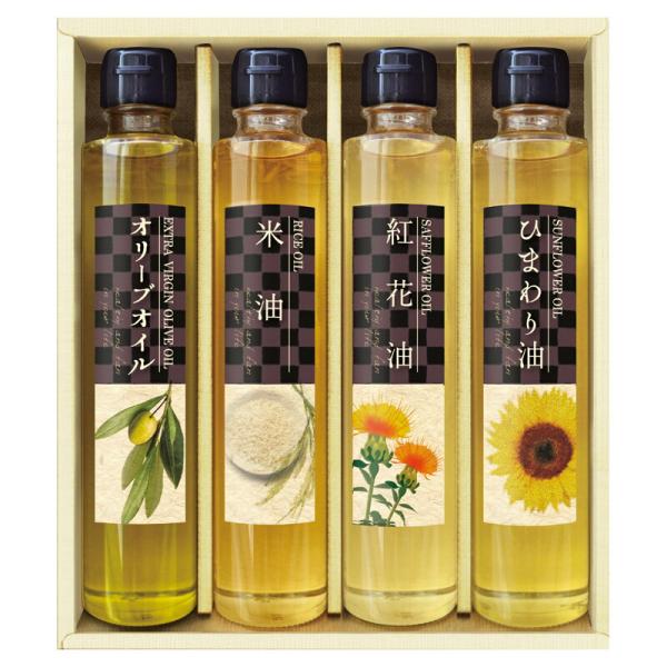 炒め物や風味付けなど、色々な料理にお使いいただけます。商品内容エクストラバージンオリーブオイル（165g）・紅花油（165g）・米油（165g）・ひまわり油（165g）×各1箱サイズ：約260×220×50mm重量：約1.8kg型番：NOR...