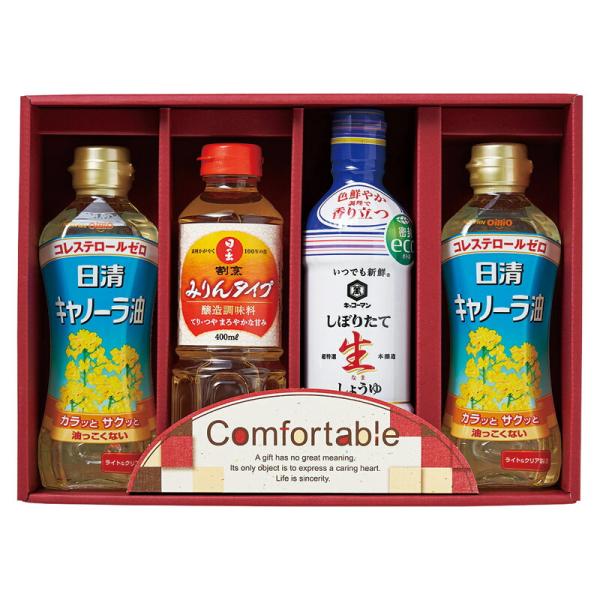 毎日の食卓にお役立ち、調味料ギフト。商品内容日清キャノーラ油（350g）×2、キッコーマンしぼりたて生しょうゆ（450ml）・日の出割烹みりんタイプ（400ml）×各1箱サイズ：約234×320×71mm重量：約2.1kg型番：CF-20C...