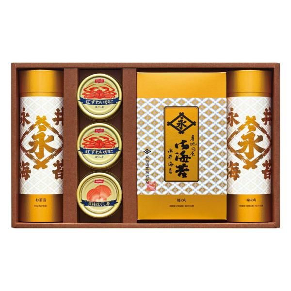 国産原料を一枚一枚丹精込めて焼き上げ自然の旨みを十分に引き出した焼のりと永井海苔特製タレを使用し調味した味のりの詰合せ。商品内容焼のり（2切4枚2袋）・味のり（8切4枚10袋）・のり茶漬（6袋）・貝柱ほぐし身×各1、カニ缶×2箱サイズ：約2...
