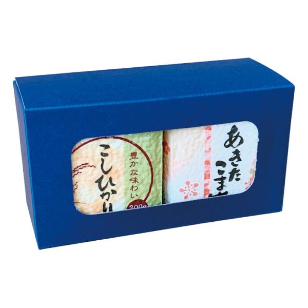 真空米の2合パックのセット。常温で新鮮さ長持ちです。商品内容こしひかり（300g）・あきたこまち（300g）×各1箱サイズ：約155×65×85mm重量：約650g型番：賞味期限（製造日より）：180日