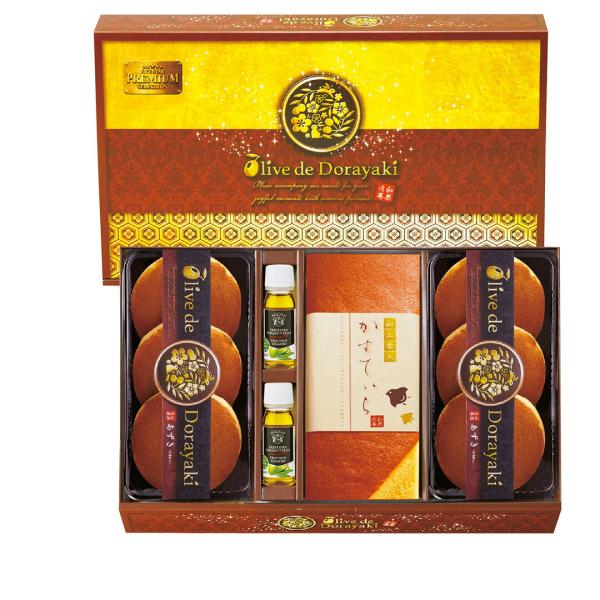 どら焼き（あずき）×6・和三盆糖入かすてぃら（プレーン）1本・オリーブオイル18g×2  【卵・小麦】商品サイズ：箱220×365×55mm重量：約840g賞味期限（製造日より）：60日