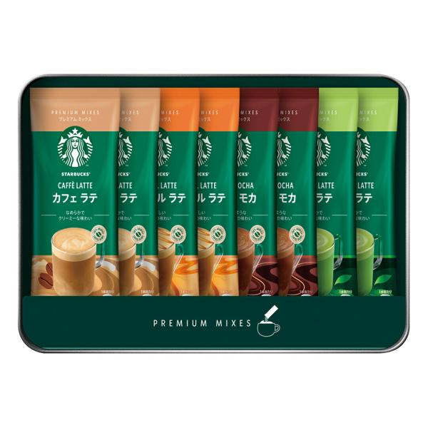 スターバックスの味わいをご自宅で簡単に楽しめるプレミアムミックスギフト。商品内容スターバックス プレミアム ミックス（カフェ ラテ18g・キャラメル ラテ23g・抹茶 ラテ24g・カフェ モカ22g）各2  【乳成分】<br>&...
