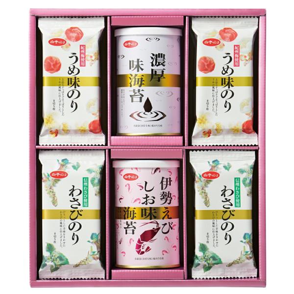 風味豊かな味のり・焼きのりとお茶漬けの詰合せギフトです。商品内容紀州梅使用うめ味のり（8切5枚）×8、濃厚味のり8袋詰（8切5枚）、信州わさび使用わさびのり（8切5枚）×8、伊勢えびしお味のり8袋詰（8切5枚）  【小麦・えび】<br...