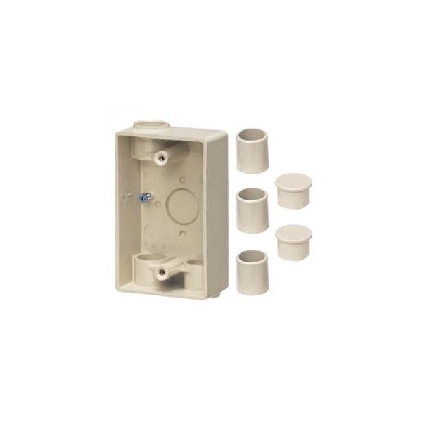 ※画像は【ベージュ】を使用しています。　　【仕様】●メーカー:未来工業　●型番:PVR16　●商品名:露出スイッチボックス　●本体色:グレー　●規格:VE14・16(1・2方出兼用)※下面2個口　●H(mm):39　●スリーブ3個、キャップ...