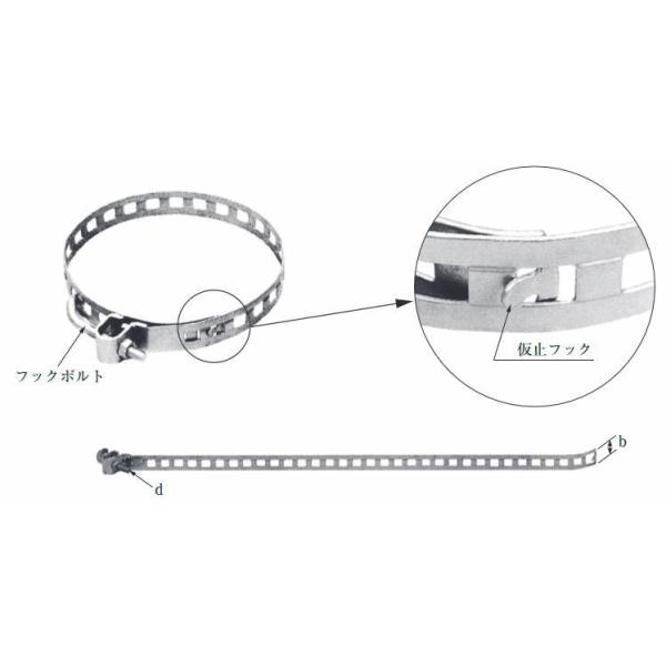 ◆自在バンド IBT　北海道電力・中部電力・北陸電力・中国電力・四国電力・九州電力・沖縄電力規格品、JR標準仕様品◆ケーブル、電線管、足場金物、低圧用ラック、街路灯ブラケットおよび軽量機器類等の取付けに使用します。◆仮止フックで電柱にバンド...