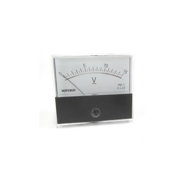 DC電圧用のアナログパネルメーター。アイテム、寸法は以下でご確認ください。V7015：15VDC、70×60ｍｍ